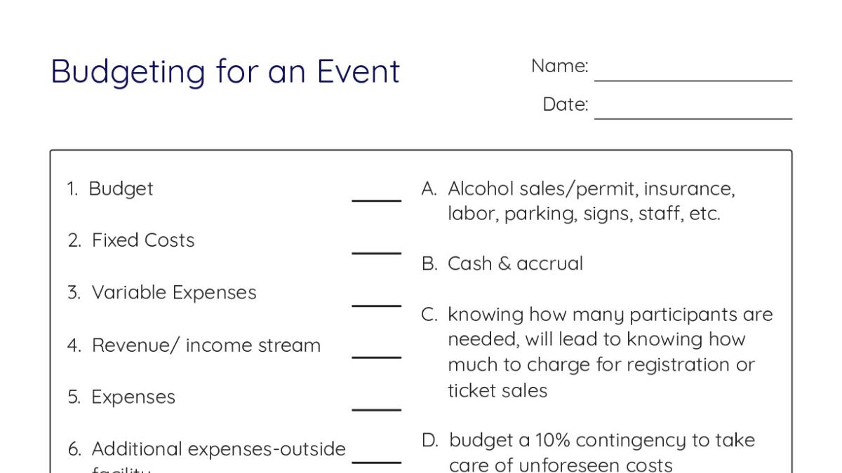 Budgeting for an Event - My Worksheet Maker: Create Your Own Worksheets