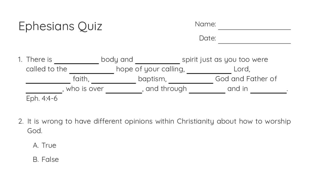 Ephesians Quiz - My Worksheet Maker: Create Your Own Worksheets
