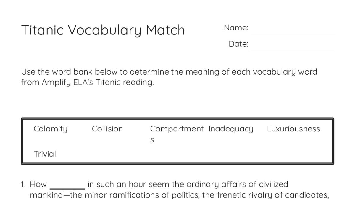 Titanic Vocabulary Match - My Worksheet Maker: Create Your Own Worksheets
