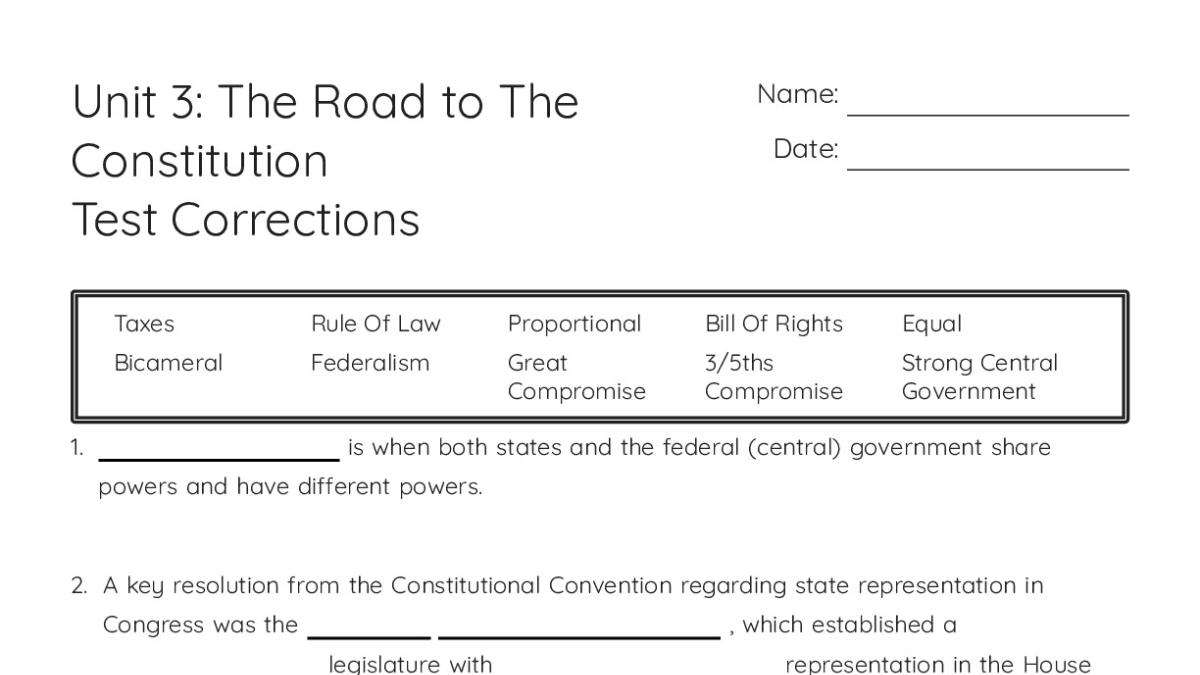 Unit 3: The Road to The Constitution Test Corrections - My Worksheet ...