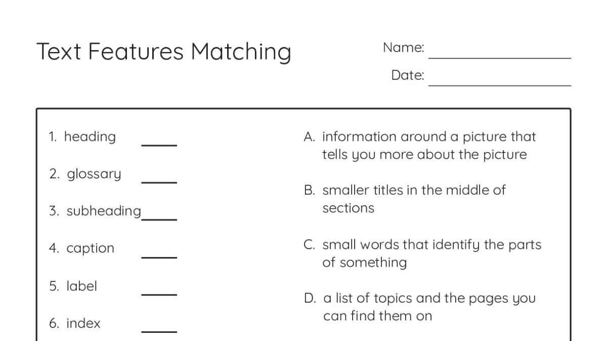 Text Features Matching - My Worksheet Maker: Create Your Own Worksheets