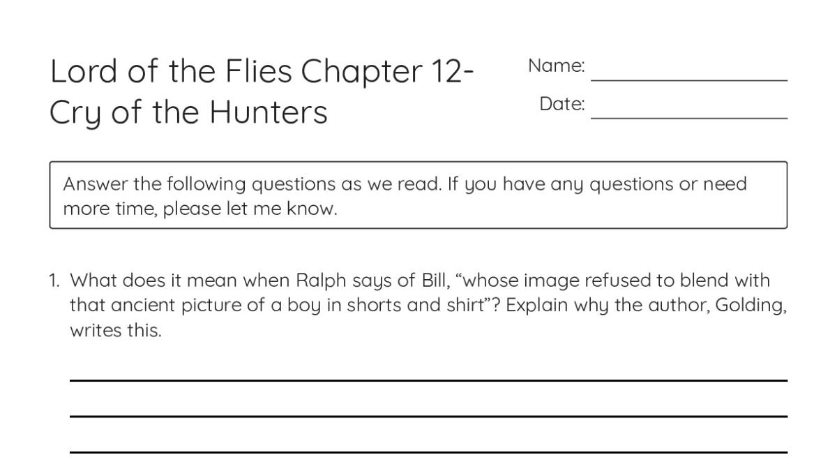 Lord of the Flies Chapter 12- Cry of the Hunters - My Worksheet Maker ...