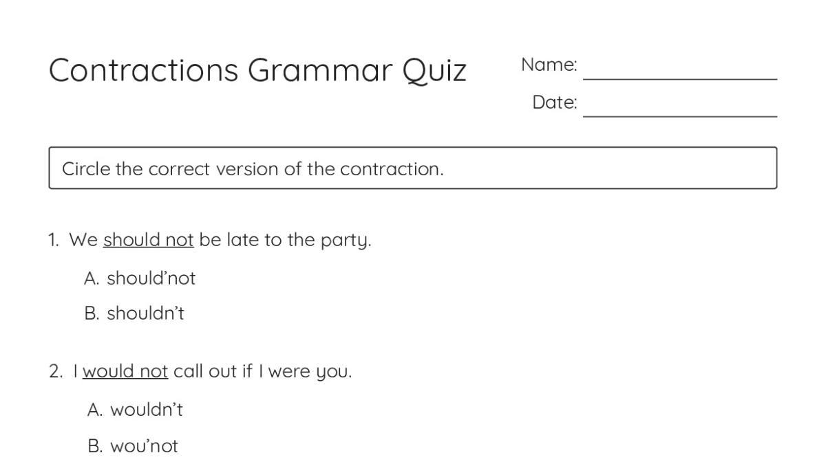 Contractions Grammar Quiz - My Worksheet Maker: Create Your Own Worksheets