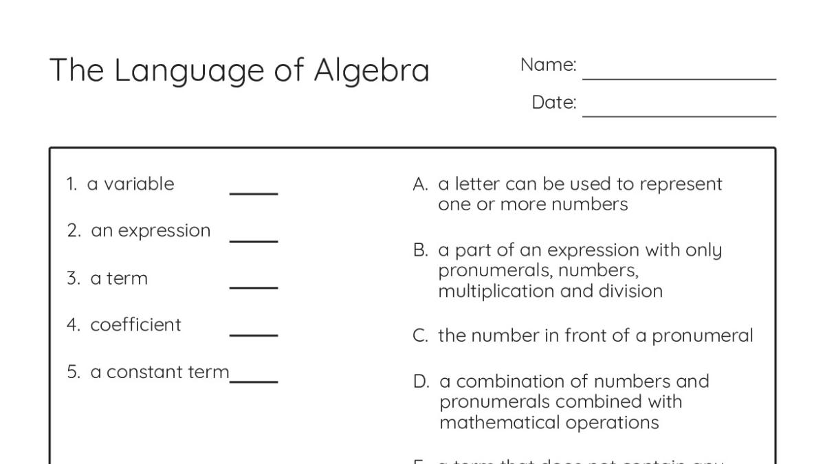 The Language of Algebra - My Worksheet Maker: Create Your Own Worksheets