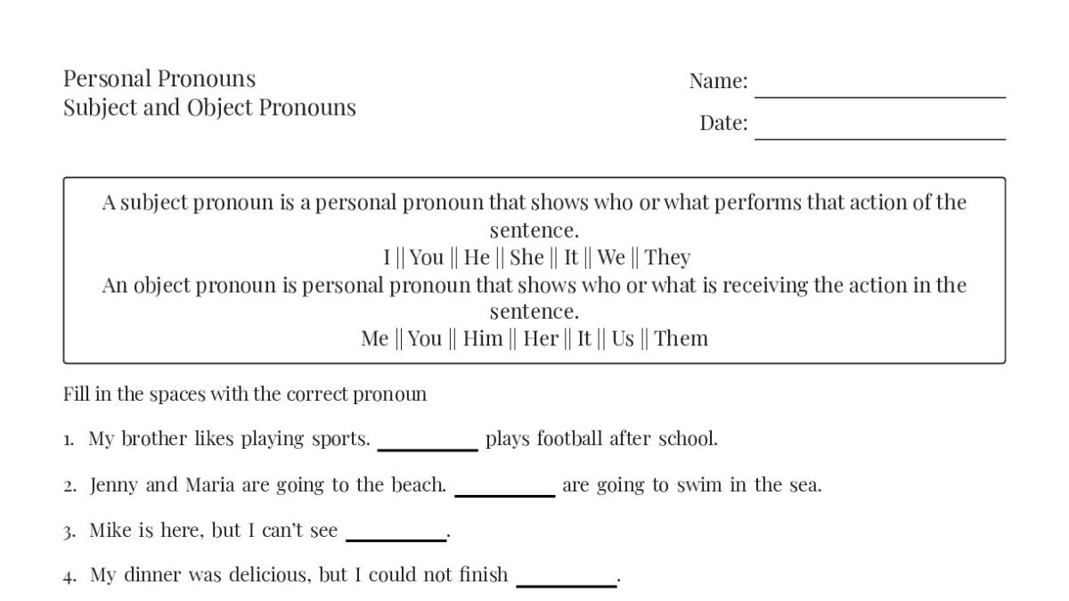 Personal Pronouns Subject and Object Pronouns - My Worksheet Maker ...