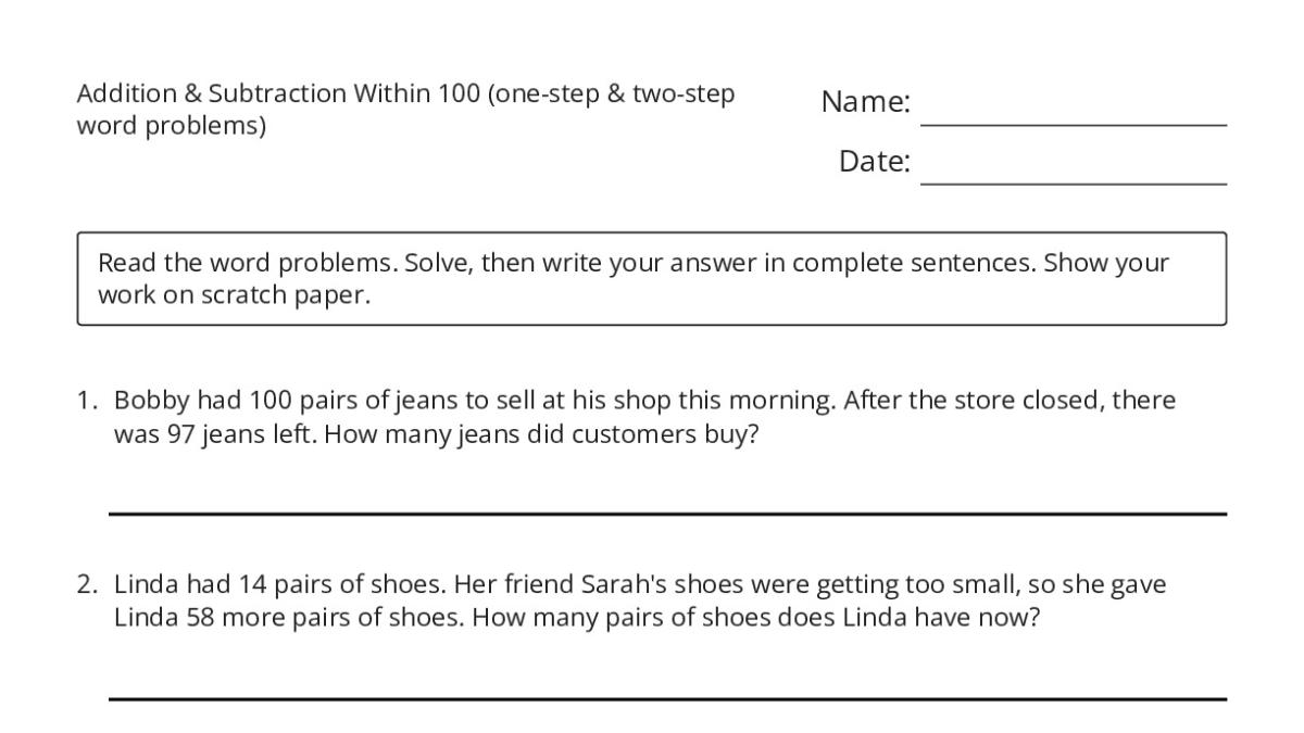 Addition & Subtraction Within 100 (one-step & two-step word problems ...