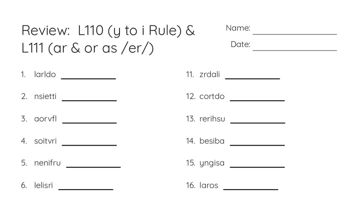 Review: L110 (y to i Rule) & L111 (ar & or as /er/) - My Worksheet ...