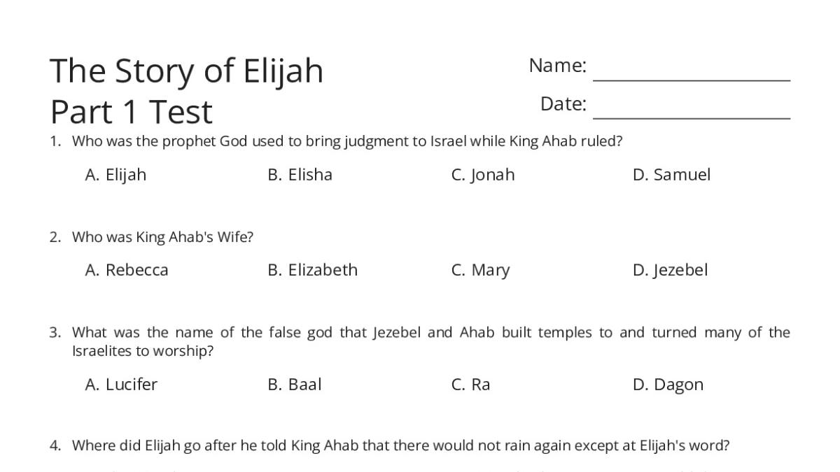 The Story of Elijah Part 1 Test - My Worksheet Maker: Create Your Own ...