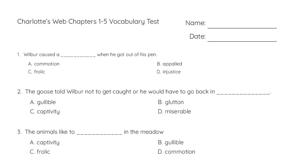 Charlotte’s Web Chapters 1-5 Vocabulary Test - My Worksheet Maker ...