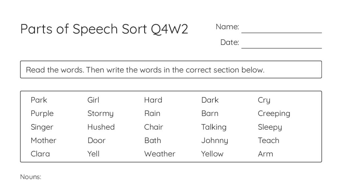 Parts of Speech Sort Q4W2 - My Worksheet Maker: Create Your Own Worksheets