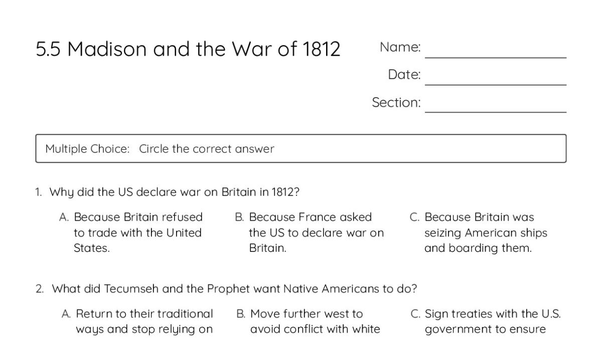 5.5 Madison and the War of 1812 - My Worksheet Maker: Create Your Own ...