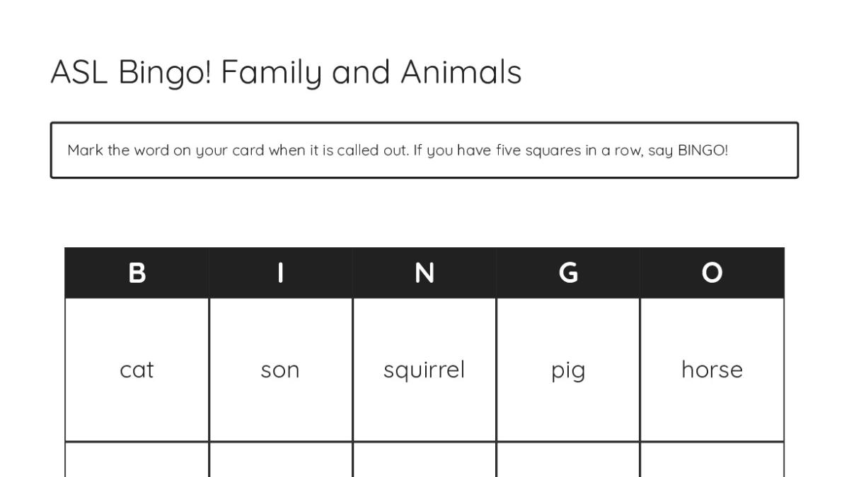 ASL Bingo! Family and Animals - My Bingo Maker: Create Your Own Bingo Cards