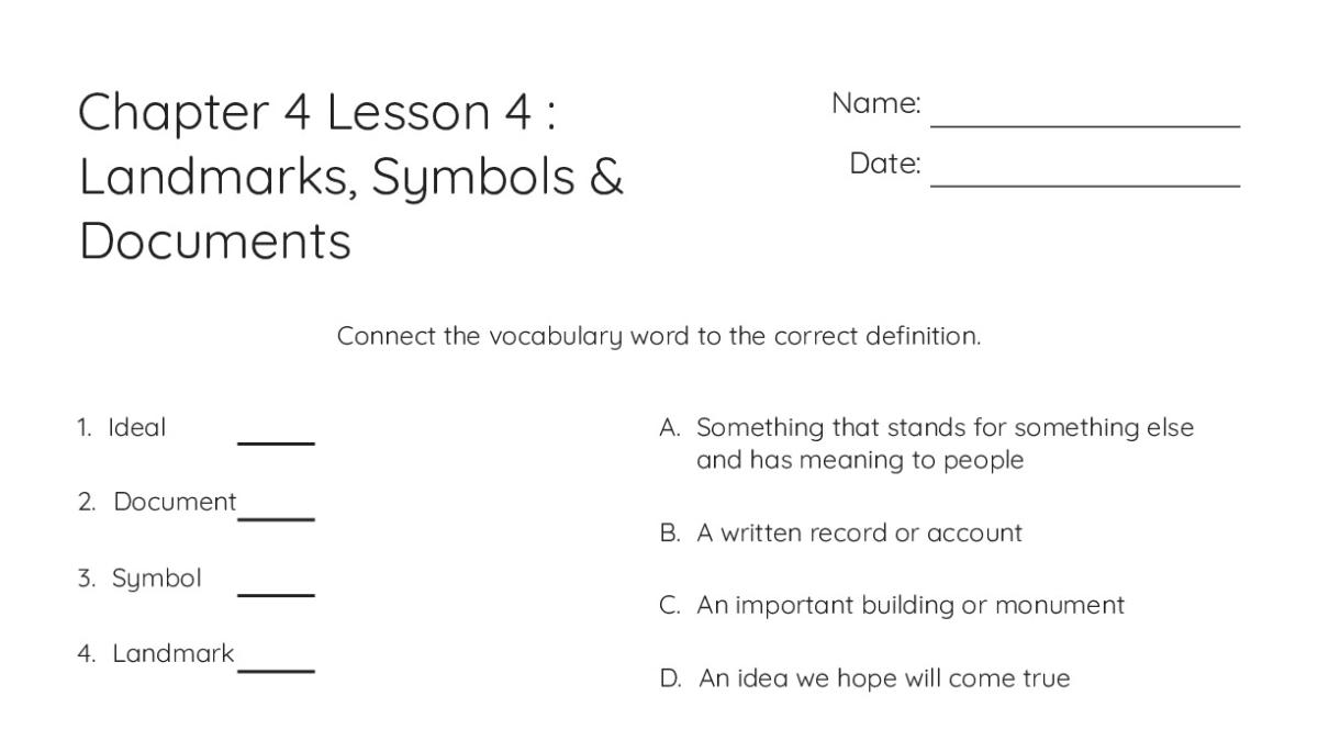 Chapter 4 Lesson 4 : Landmarks, Symbols & Documents - My Worksheet ...