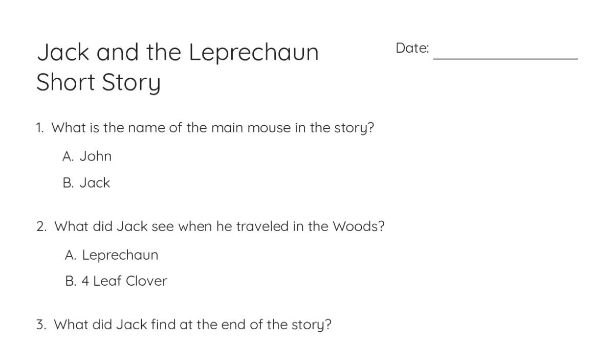 Jack and the Leprechaun Short Story - My Worksheet Maker: Create Your ...