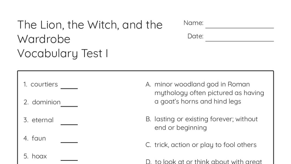 The Lion, the Witch, and the Wardrobe Vocabulary Test I - My Worksheet ...