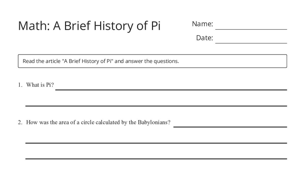 Math: A Brief History of Pi - My Worksheet Maker: Create Your Own ...