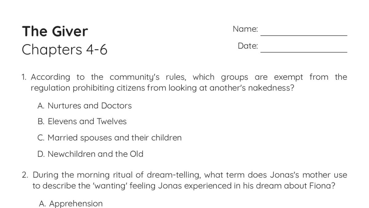 The Giver Chapters 4-6 - My Worksheet Maker: Create Your Own Worksheets