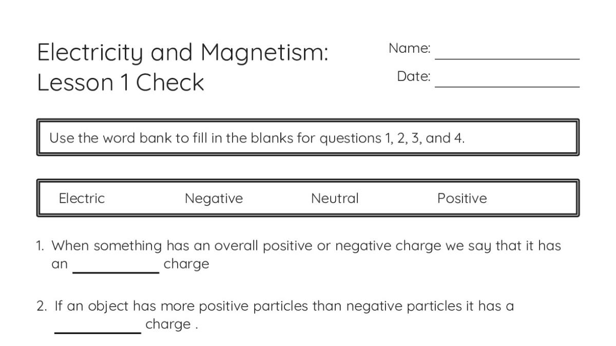 Electricity and Magnetism: Lesson 1 Check - My Worksheet Maker: Create ...