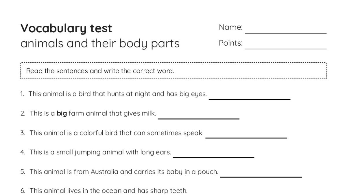 Vocabulary test animals and their body parts - My Worksheet Maker ...