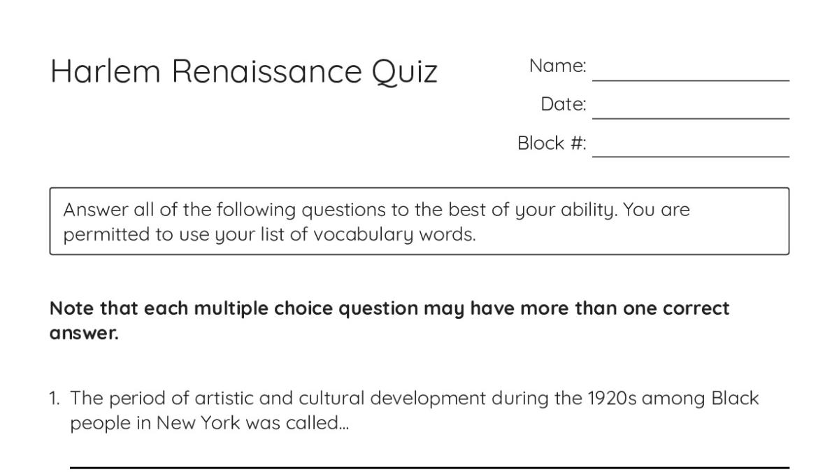 Harlem Renaissance Quiz - My Worksheet Maker: Create Your Own Worksheets
