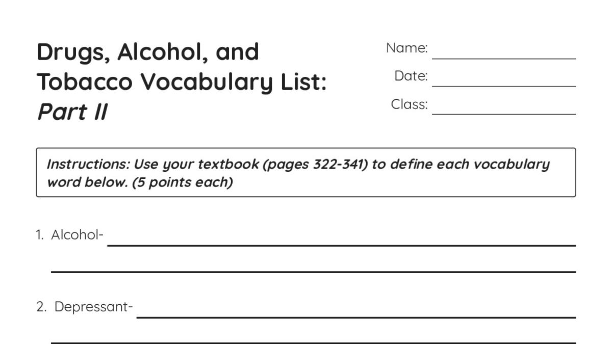 Drugs, Alcohol, and Tobacco Vocabulary List: Part II - My Worksheet ...